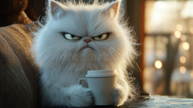 Grumpy White Cat Holding a Coffee Cup Stock Illustration - Illustration ...