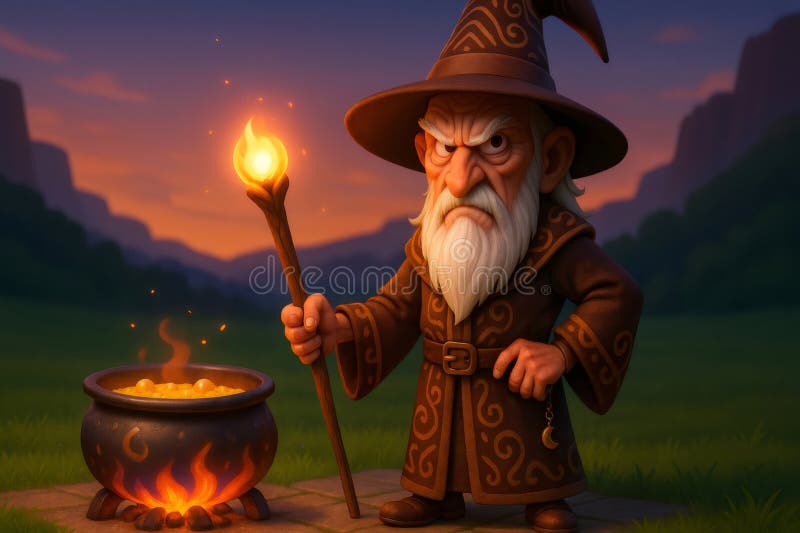 Grumpy Wizard Preparing Magic Potion at Sunset Holding a Torch Stock ...