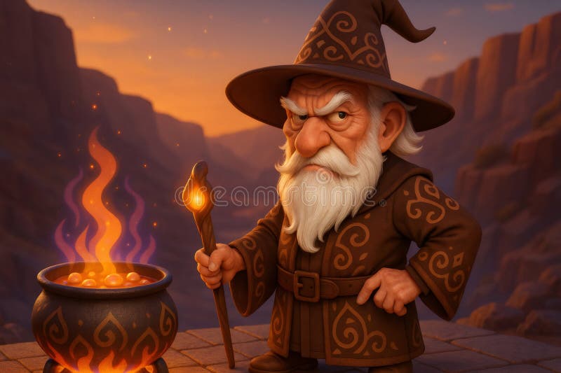 Grumpy Wizard Preparing Magic Potion at Sunset Stock Photo - Image of ...