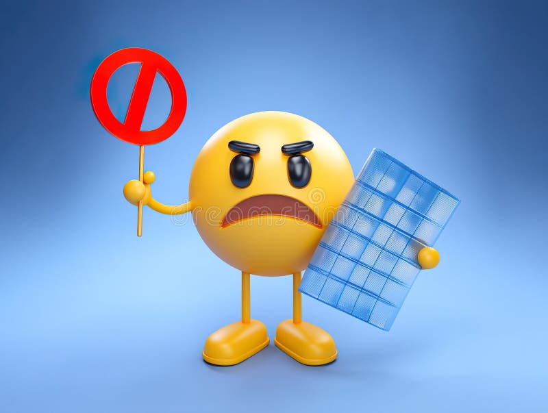 Grumpy Yellow 3D Emoji Holding Stop Sign and Blue Grid, on Light Blue ...