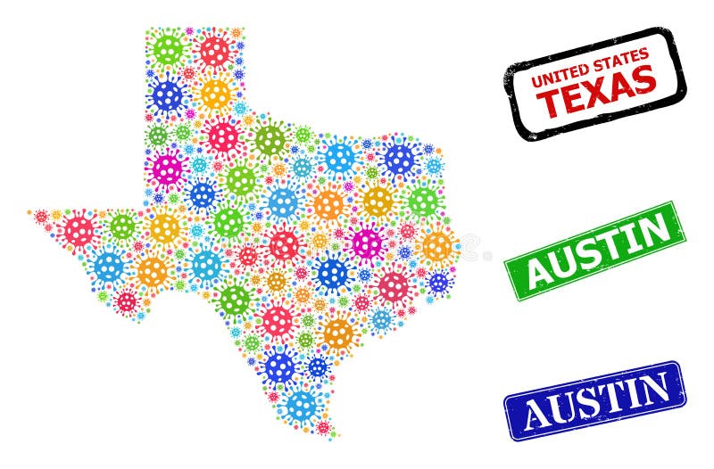 Grunge Austin Badges and Multi-Colored Bacterium Texas State Map Mosaic ...