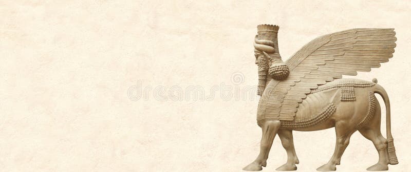 Grunge Background With Stone Texture And Lamassu Horizontal Banner With Assyrian Protective