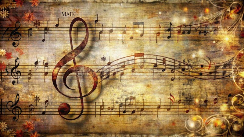 Grunge Background with Treble Clef, Music Notes, and a Floral Design ...