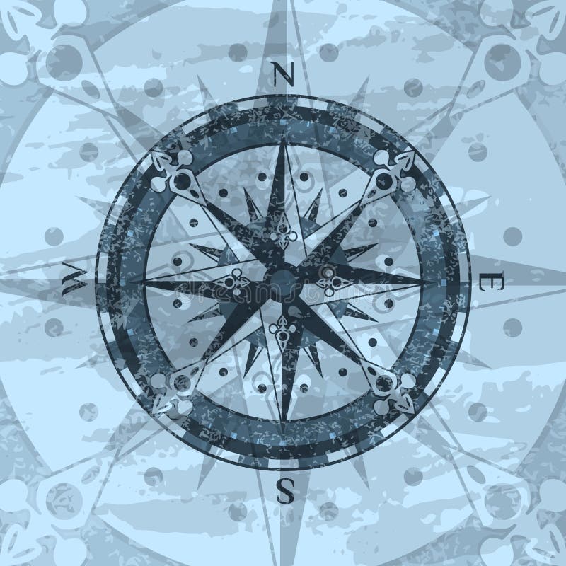 Grunge Blue Background With Compass Rose Stock Vector Illustration Of