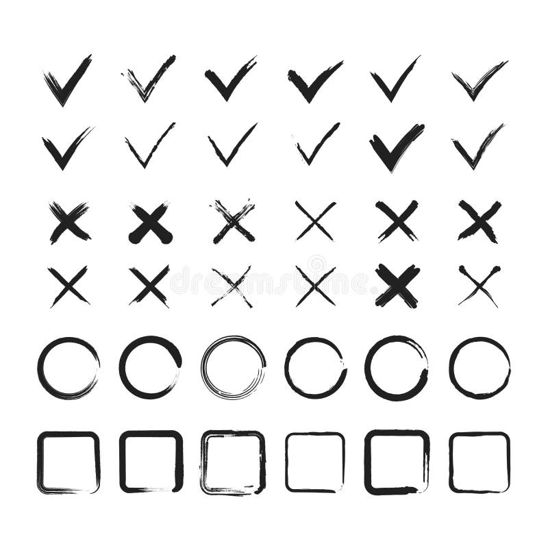 Grunge Brush Painted Check Marks, Circles and Squares Set. Vector ...