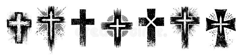 Grunge Christian Cross Set with Distressed Texture and Ink Splash ...