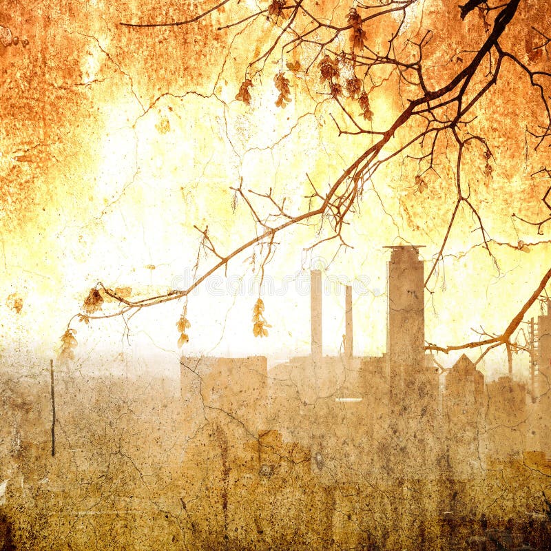Grunge City Skyline and Bare Autumnal Maple Branches Stock Image ...