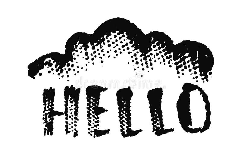Grunge Cloud and Word Hello, Halftone Print on White Background Stock ...