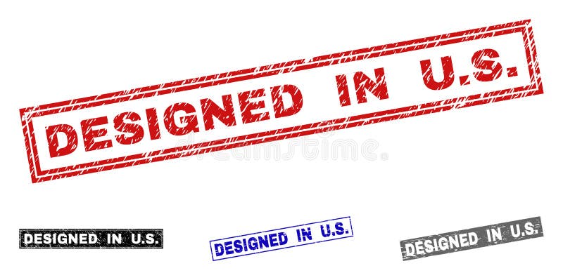 Grunge DESIGNED in U.S. Scratched Rectangle Stamps Stock Vector ...