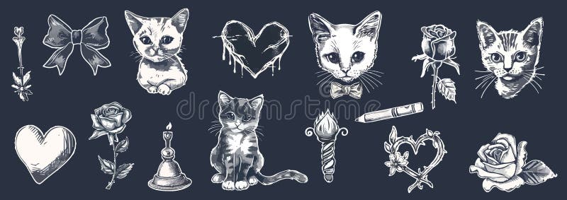 Grunge Cat Icon Set, Vector Hand Drawn Sketch Kitten, Gothic Heart ...