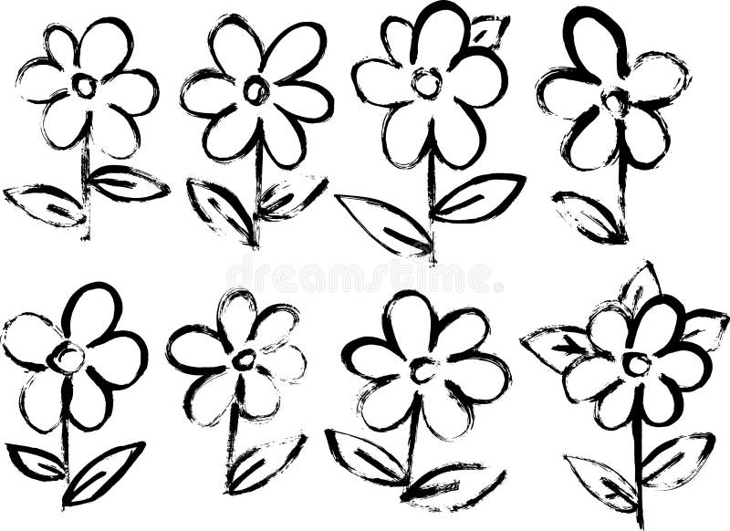 Grunge Dry Brush Vector Flowers Set. Stock Vector - Illustration of ...