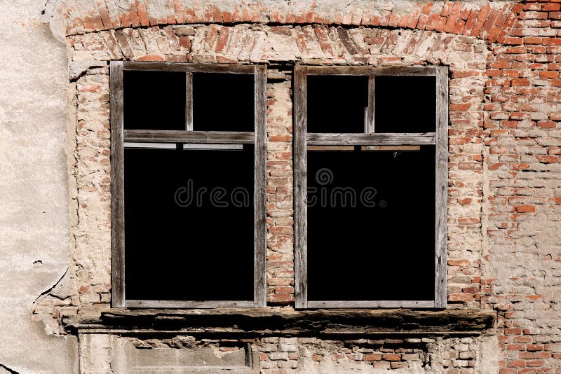Grunge Empty Windows on Old Brick Wall Stock Image - Image of opened ...