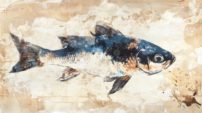 Grunge Fish Illustration with Distressed Texture. Artistic Aquatic Life ...