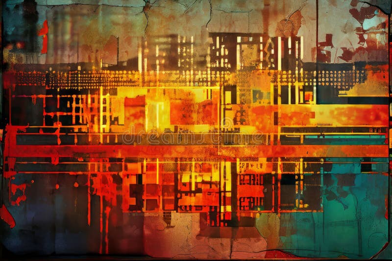 Grunge Glow a Warm Colorful Digital Collage with Pixelated Code Stock ...