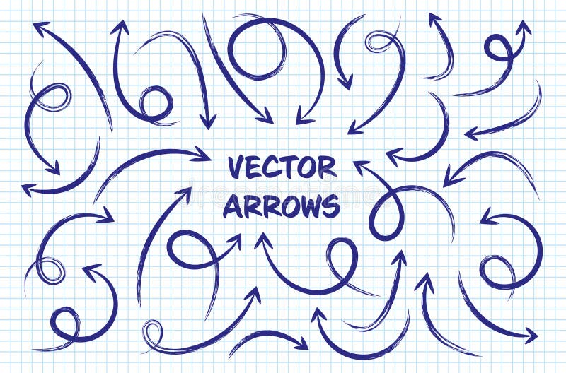 Grunge Hand Drawn Arrows on Checkered Paper Sheet. School Notebook for ...