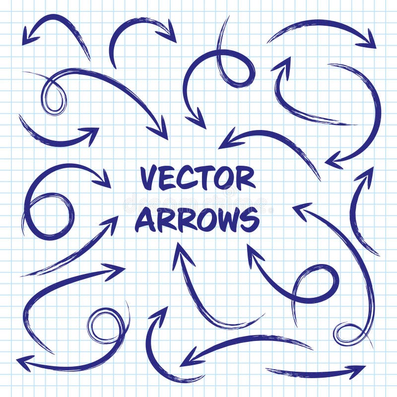 Grunge Hand Drawn Arrows on Checkered Paper Sheet. School Notebook for ...