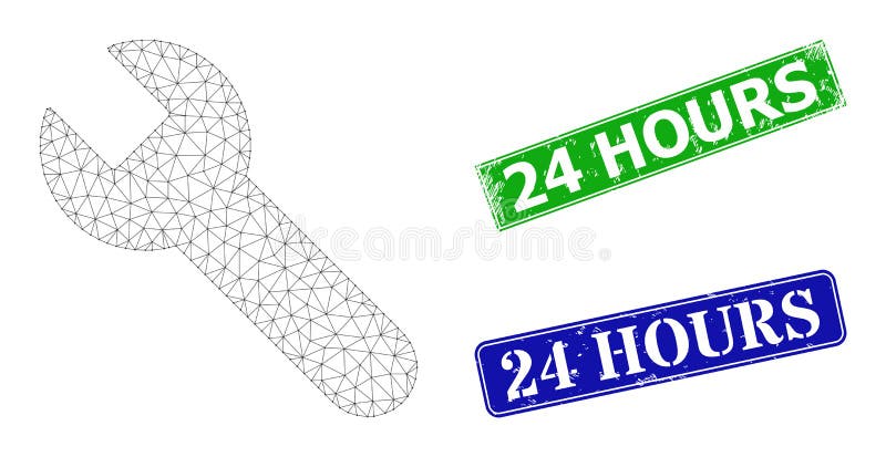 Grunge 24 Hours Stamps and Triangle Mesh Wrench Icon Stock Vector ...