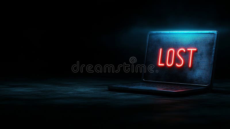 Grunge Laptop Computer with Glowing Neon Lost Text on Dark Background ...