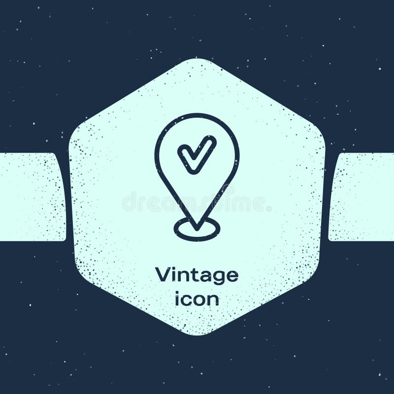 Grunge Line Map Pin with Check Mark Icon Isolated on Blue Background ...