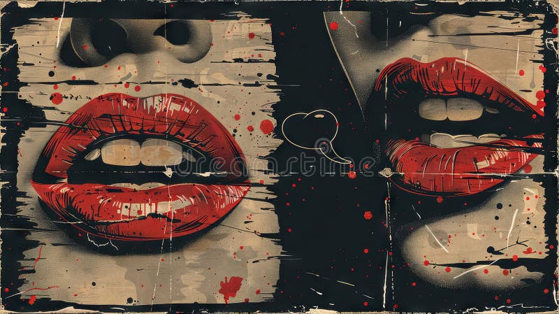 Grunge Style Collage with Red Lips and Abstract Elements in Dark Tones ...