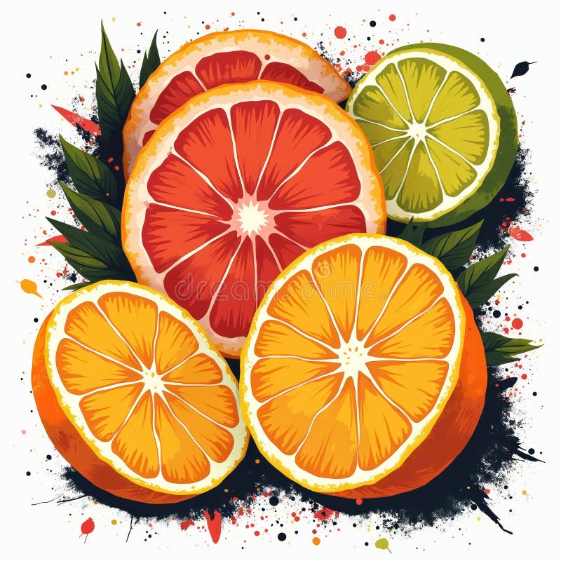 Grunge Style Illustration of Various Citrus Fruit Slices Orange, Lemon ...