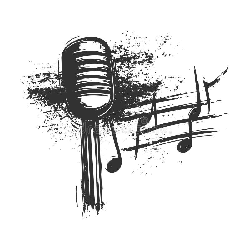 Grunge-style Illustration of a Vintage Microphone with Musical Notes ...