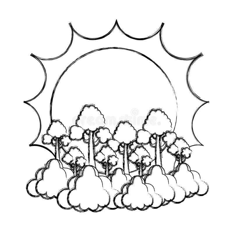 Grunge Sun with Exotic Trees and Clouds Landscape Stock Vector ...