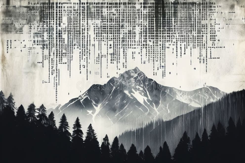 Grunge Texture with Matrix Code Mountain Silhouettes Black and W Stock ...