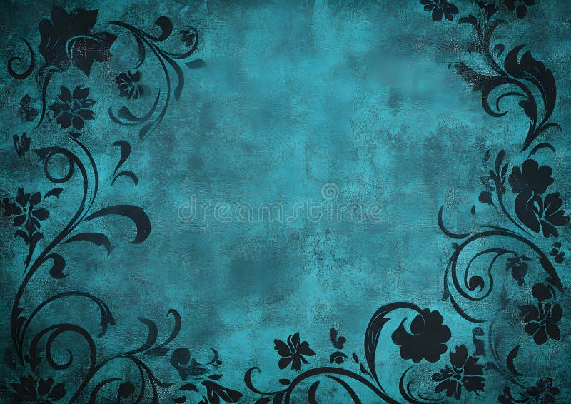 Grunge Turquoise Floral Background with Black Gothic Elements Stock ...