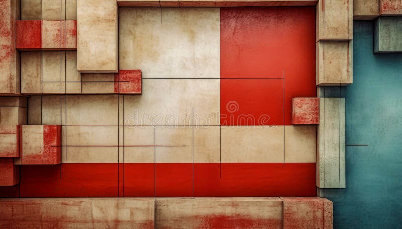 A Grunge Wall Made of Red and White Blocks with a Blue Background Stock ...