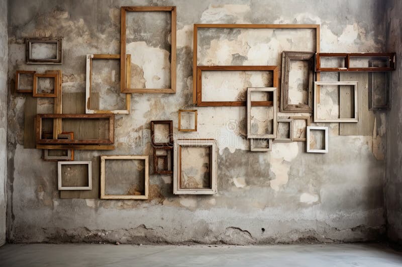 Grunge Wall Model with Worn and Aged Empty Frames in Various Shapes and ...