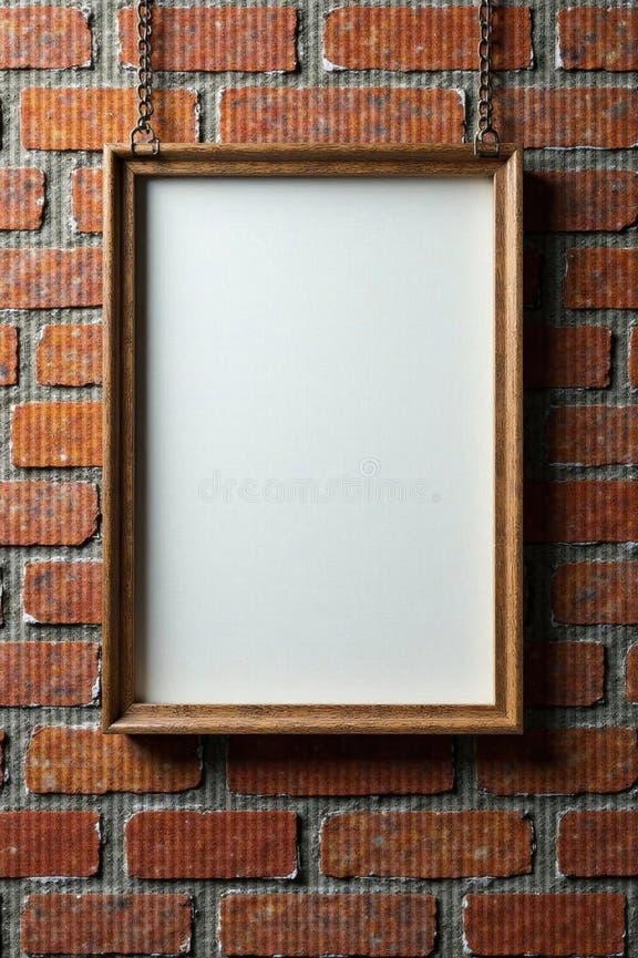 Grungy Brick Wall with Hanging Empty Wood Frame Mockup Design , Hanging ...