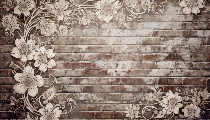 A Grungy Brick Wall with Vintage Floral Paintings Stock Illustration ...
