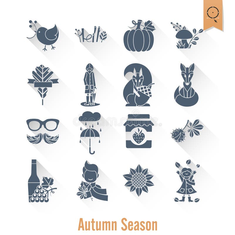 Grupo de Autumn Icons liso ilustração do vetor. Ilustração de castanha ...