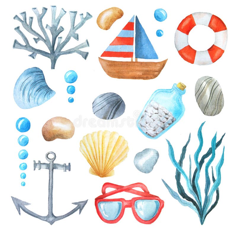 Grupo De Elementos Náutico Do Mar Da Aquarela Ilustração Stock ...