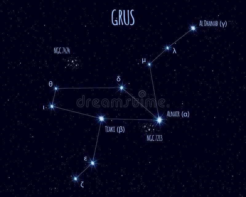 Grus Constellation, Vector Illustration with the Names of Basic Stars ...