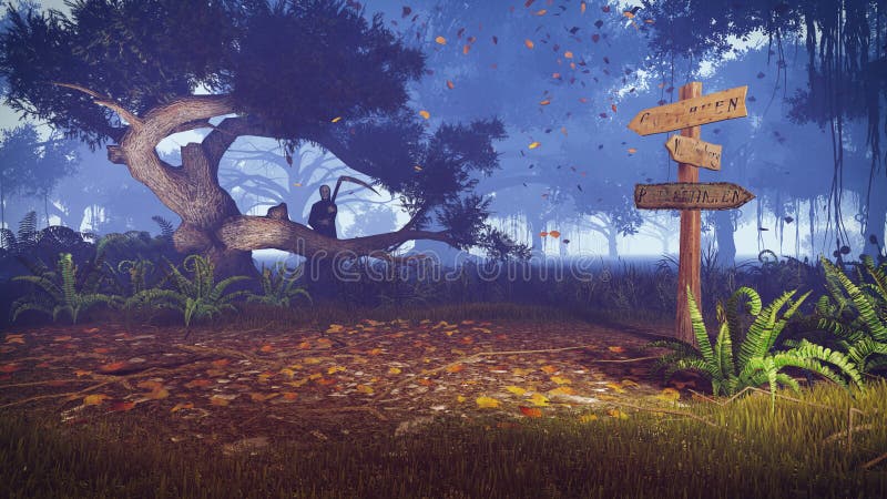 Gruseliger Wald Mit Altem Wegweiser Und Sensenmann Stock Abbildung ...