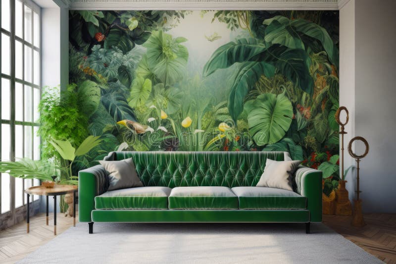 Grünes Sofa, Das Vor Der Wand Mit Einem Bild Darauf Sitzt. Generative Hilfe Stock Abbildung ...