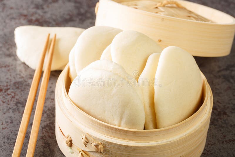 Gua Bao, Bao Bread in Bamboo Steamer Closeup. Horizontal Stock Photo ...