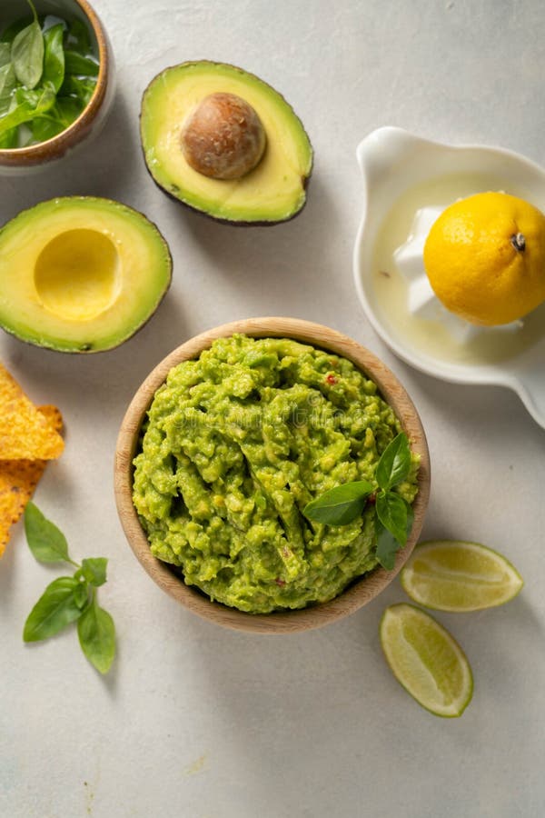 Guacamole Avocado Mash Dip, with Tortilla Chips. Top View Stock Photo ...