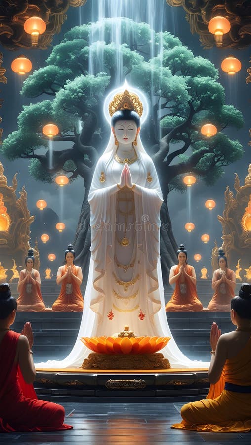 Guanyin – the Divine Bodhisattva Surrounded by Devotees and Lantern ...