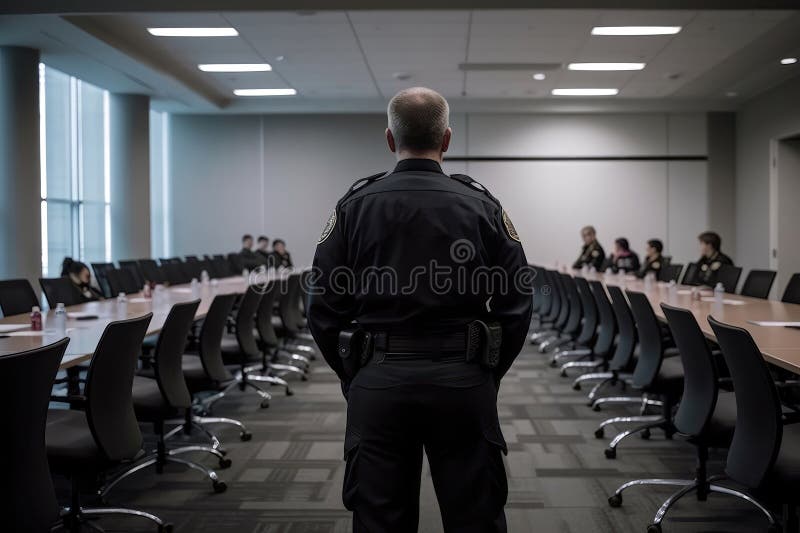 Guard in Black Stands with His Back To an Unfocused Conference Room ...