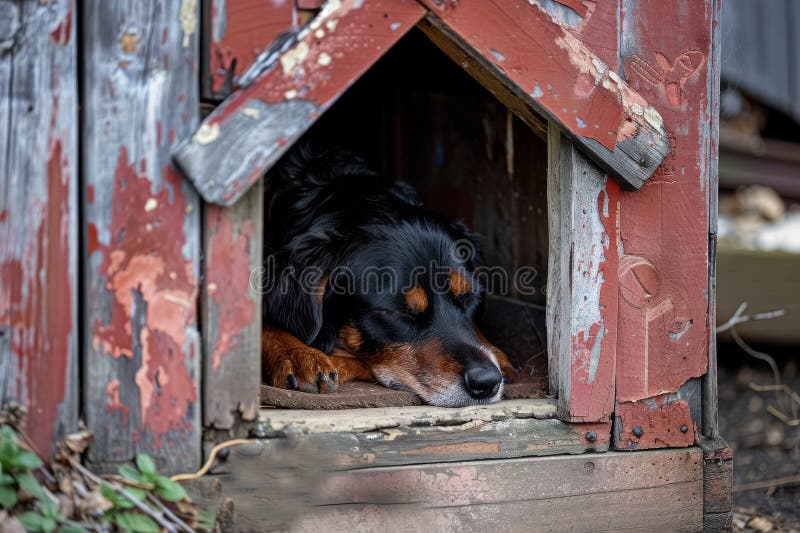 Guard Dog Sleeping in Wooden Dog House Outside in Courtyard of House ...