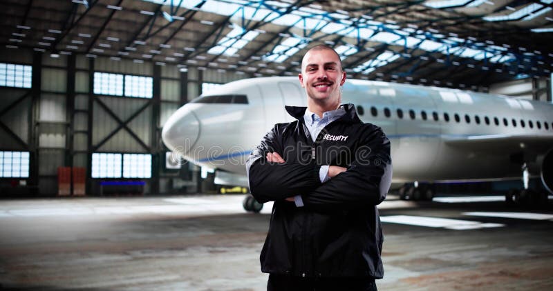 Guard Security Man in Airplane Hangar Stock Photo - Image of airport ...