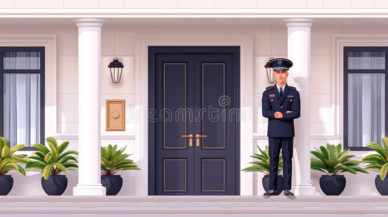 The Guard Standing in Front of the House at the Entrance. Illustration ...