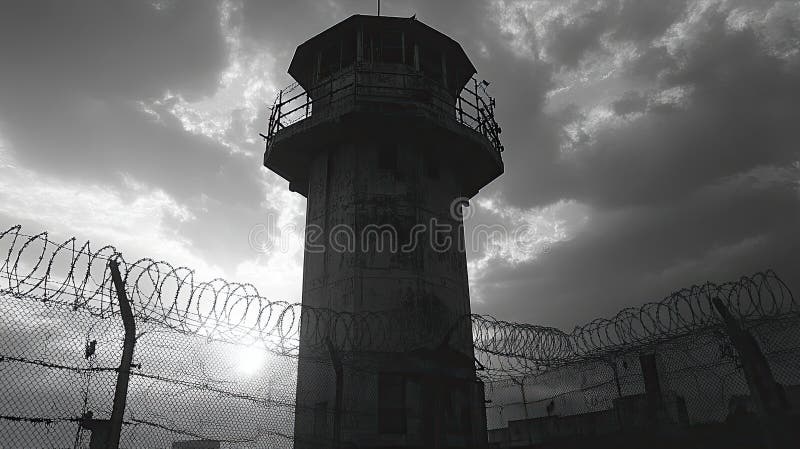 Guard Tower in Prison and Barbed Wire Fence on Jail Border. with Copy ...