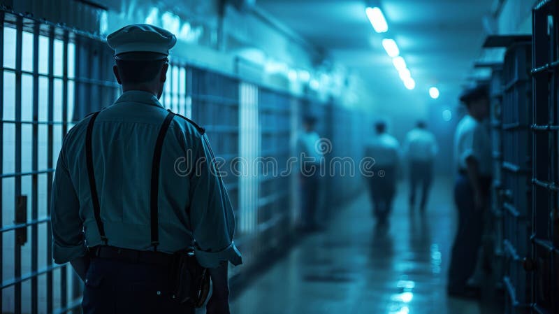 Guard Walking Down a Prison Hallway in Dim Lighting Stock Illustration - Illustration of center ...