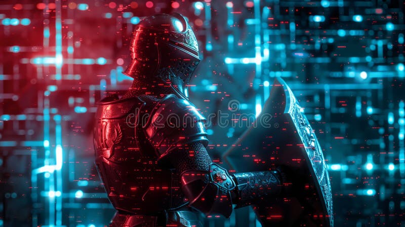 Guardian in Digital Armor, Holding a Shield and Sword Stock Photo ...