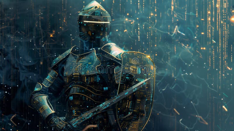 Guardian in Digital Armor, Holding a Shield and Sword Made of Advanced ...