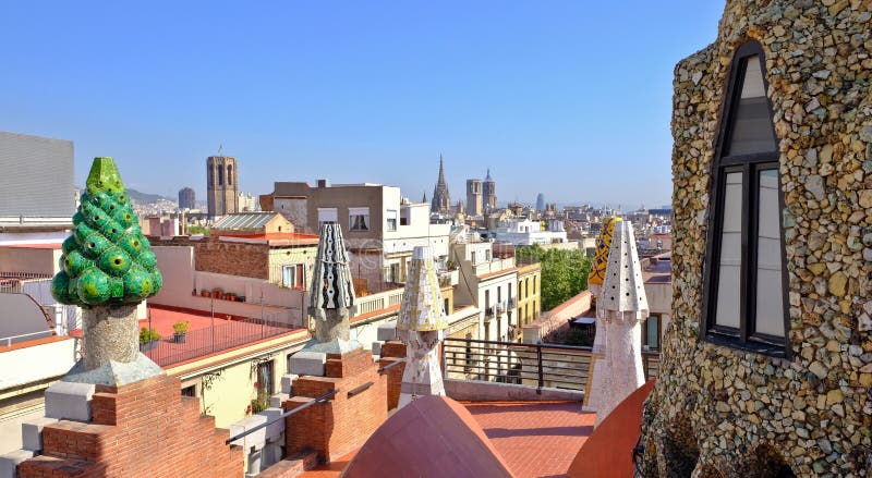 Guell Palace Terrace, Barcelona Cityscape Editorial Photography - Image ...